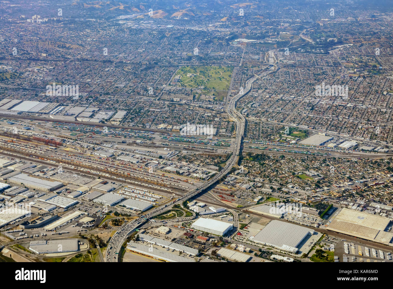 Aerial view of Monterey Park, Rosemead, view from window seat in an ...