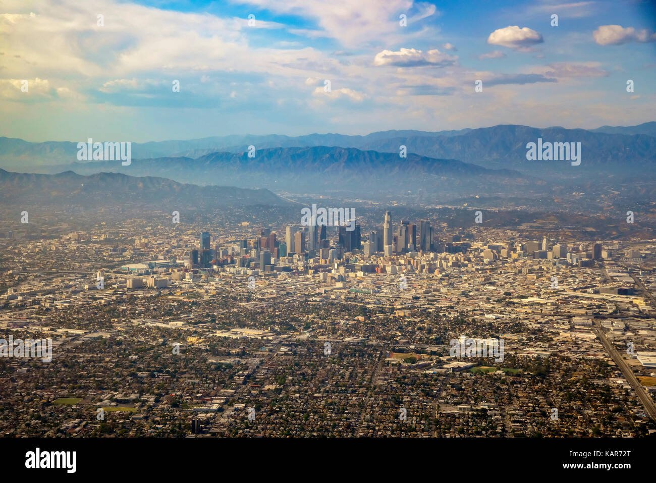 Aerial view of downtown, view from window seat in an airplane ...