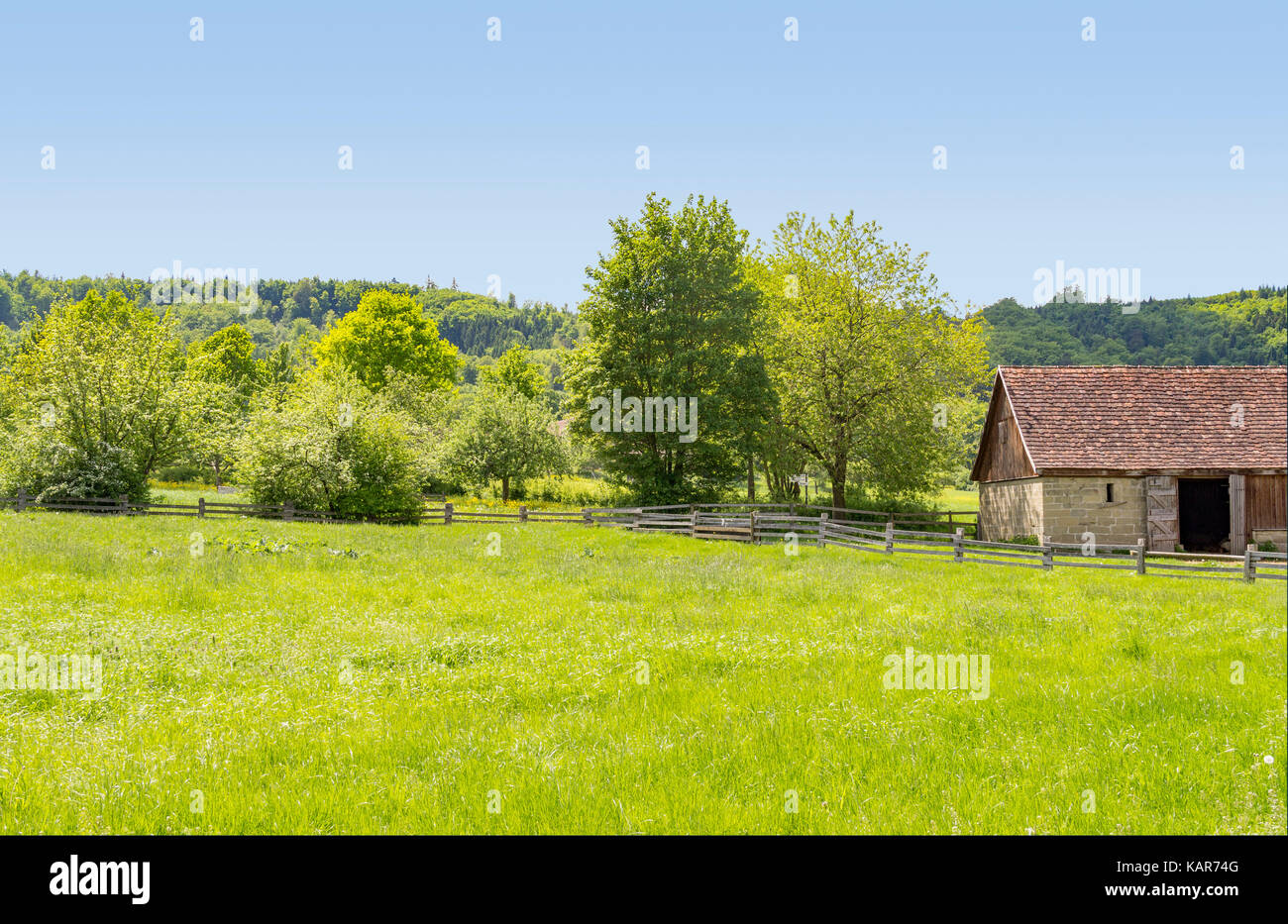 idyllic rural scenery with barn at spring time Stock Photo - Alamy