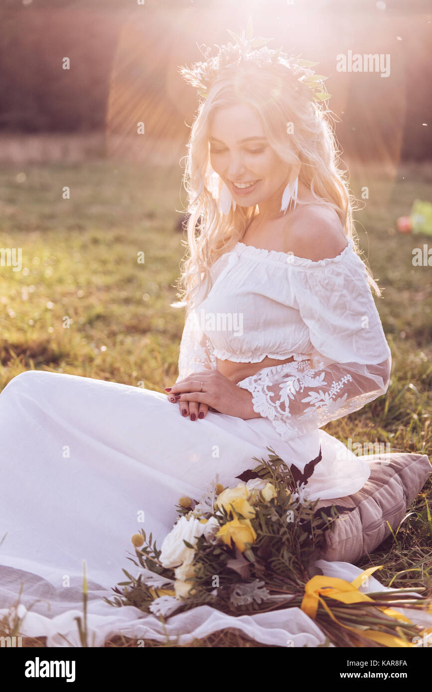 Enchanting Bride with Tiara on Nature Background. Modern Bridal Style ...