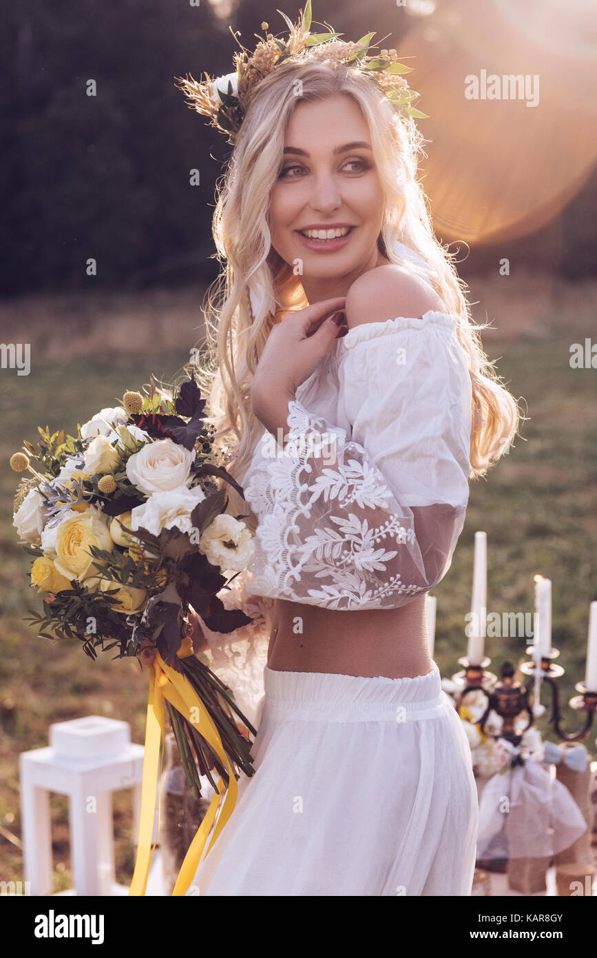 Enchanting Bride with Tiara on Nature Background. Modern Bridal Style ...