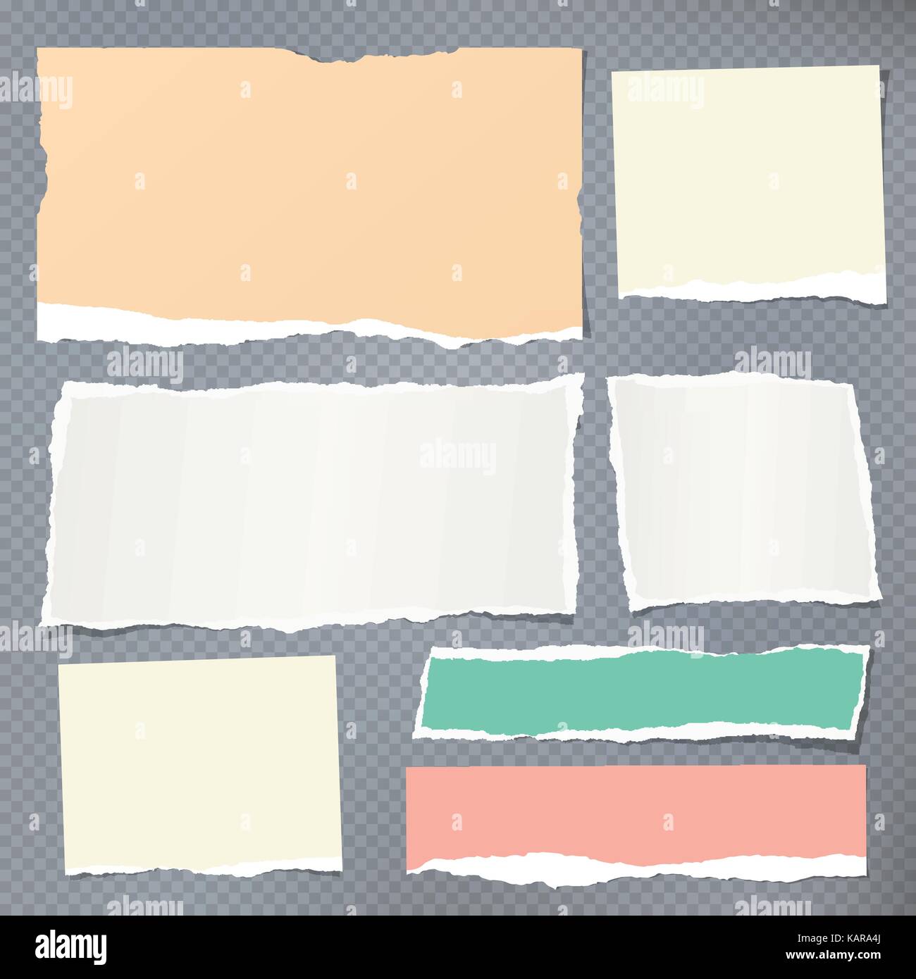 Ripped colorful note, notebook, copybook paper stuck on gray squared ...