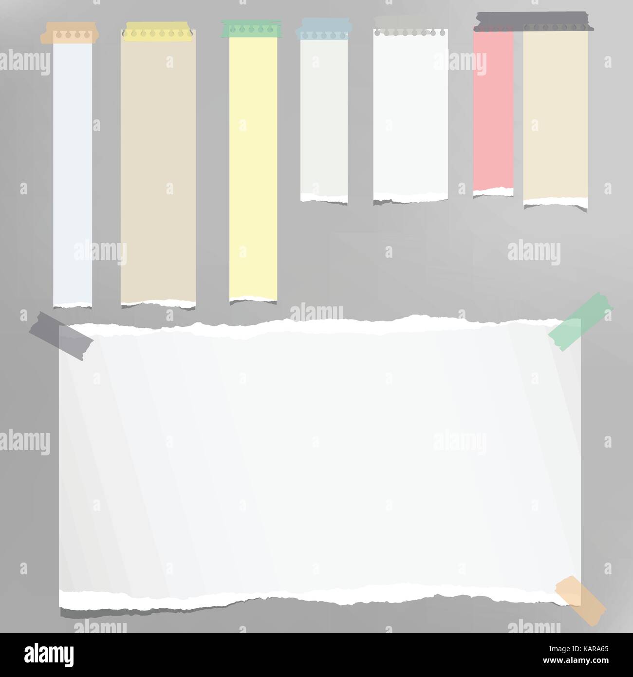 Ripped colorful note strips, notebook, copybook paper sheet stuck on ...