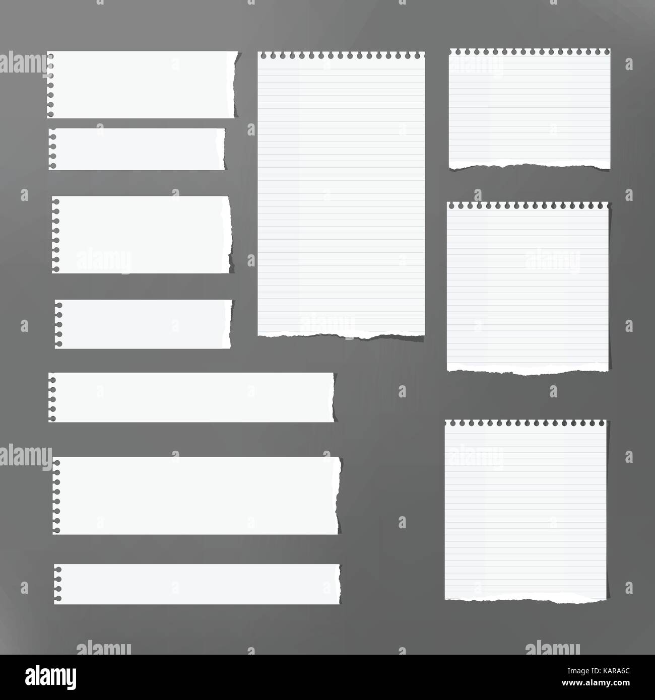 Ripped note strips, notebook, copybook paper sheets stuck on gray ...