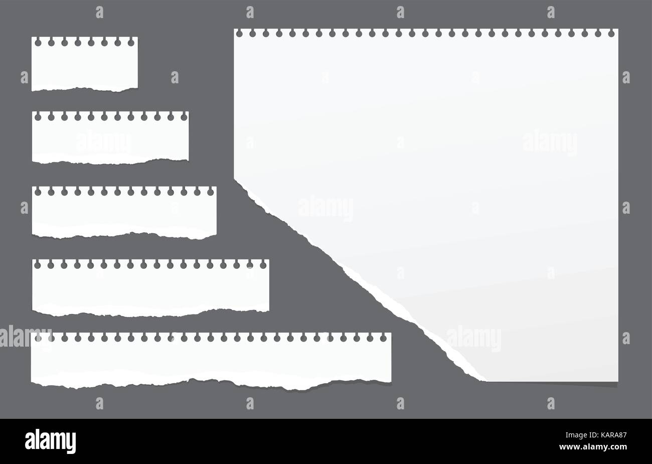 Ripped white note strips, notebook, copybook paper sheet stuck on gray ...