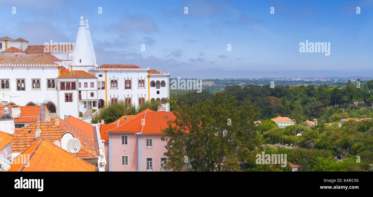 Panoramic landscape with The Palace of Sintra. Town Palace is located ...