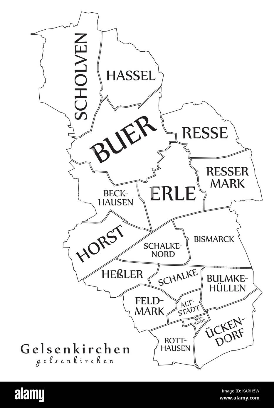 Modern City Map - Gelsenkirchen city of Germany with boroughs and titles DE outline map Stock ...