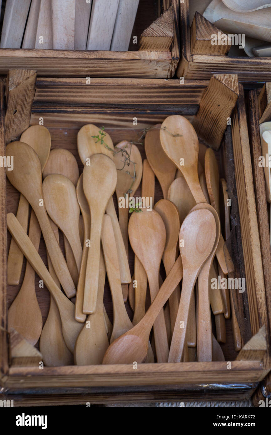 Set of tea spoons made of wood Stock Photo - Alamy