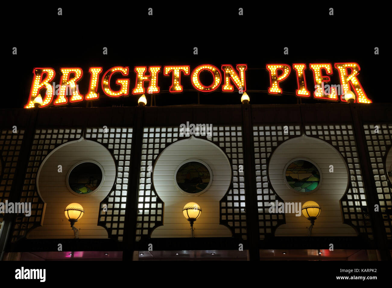 The famous illuminated sign above the entrance to Brighton's Palace ...