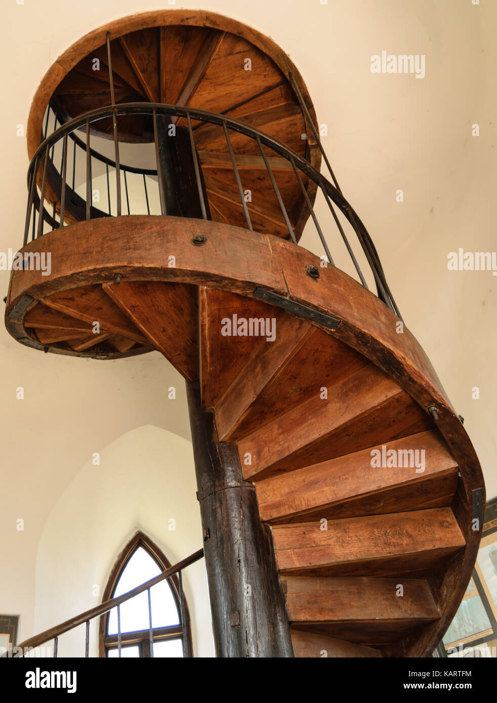 old vintage wood spiral staircase - bottom view Stock Photo - Alamy