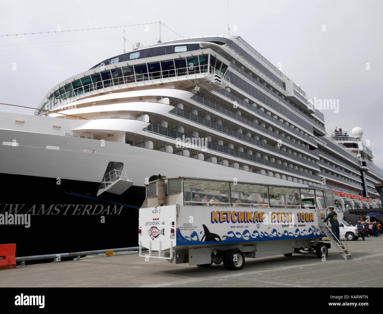 An amphibious Duck Tour 'bus meets a cruise ship at Ketchikan, Alaska ...