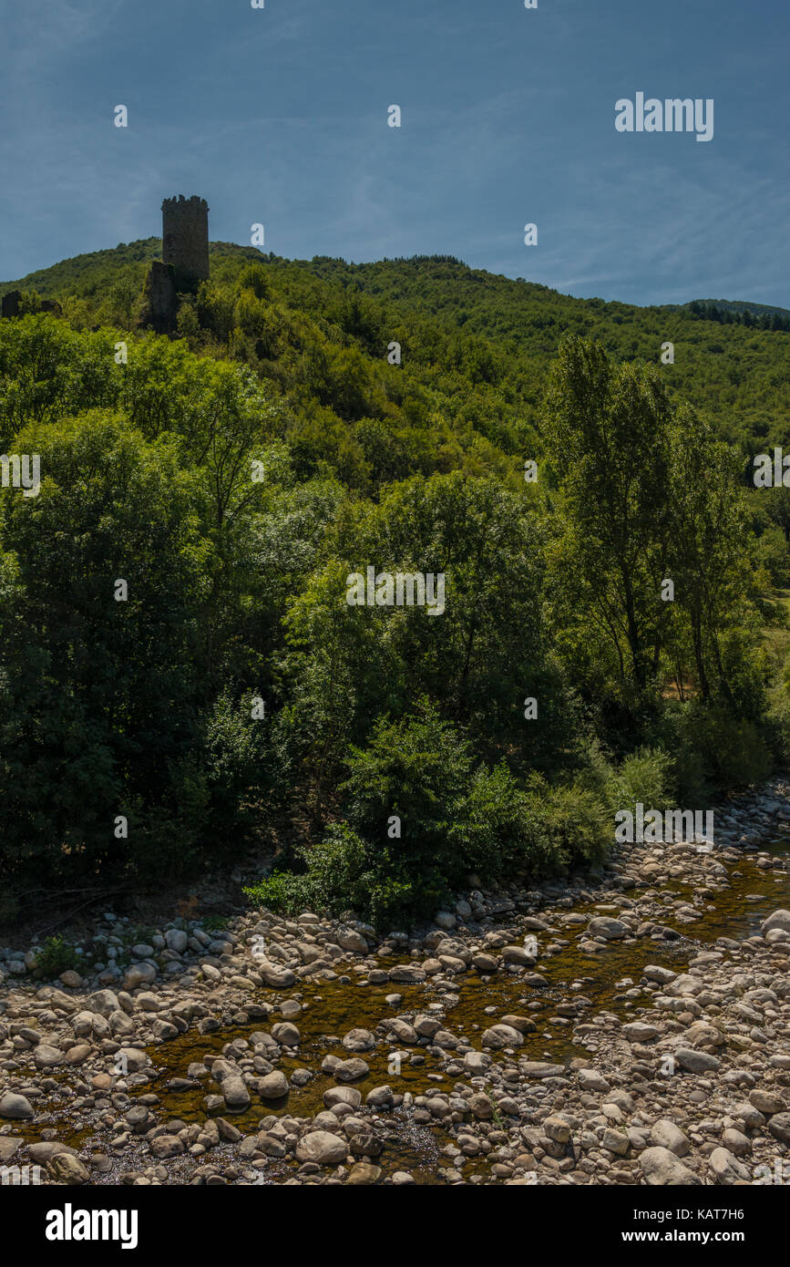 Ruined medieval castle observation tower, near Thueyt, France Stock ...