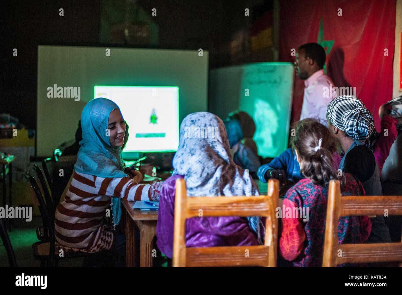 Inside the school with pupils and teacher in Khamila village, Morocco ...