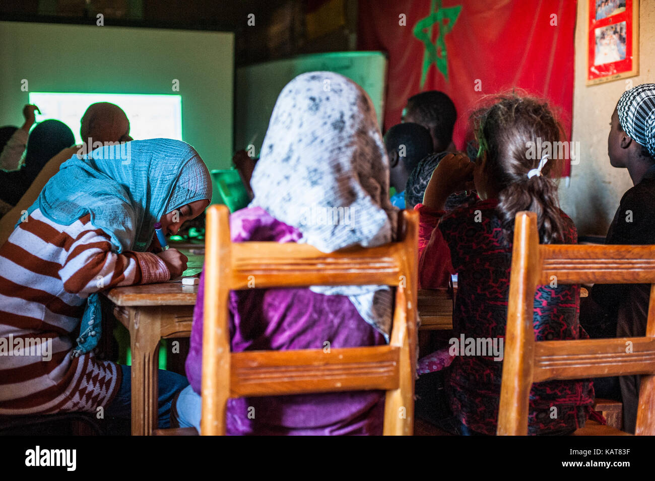 Inside the school with pupils and teacher in Khamila village, Morocco ...