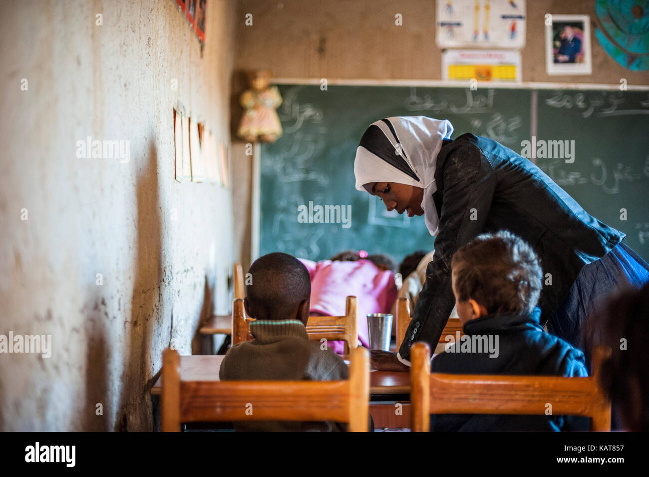 Inside the school with pupils and teacher in Khamila village, Morocco ...