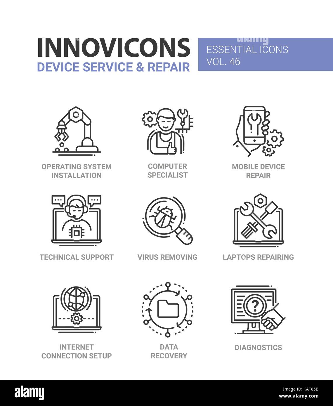 Device Service - modern vector line design icons set. Operating system ...
