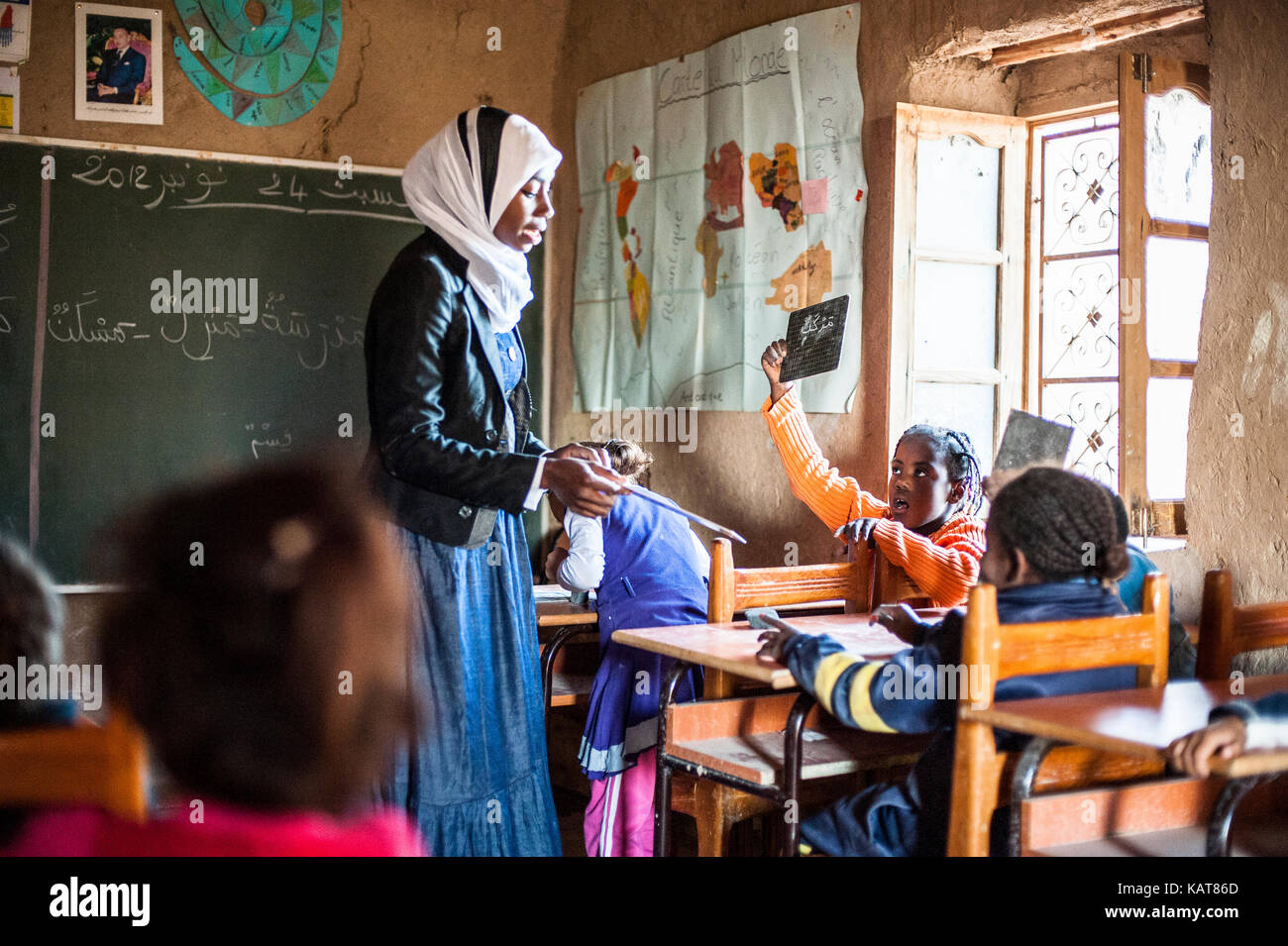 Inside the school with pupils and teacher in Khamila village, Morocco ...