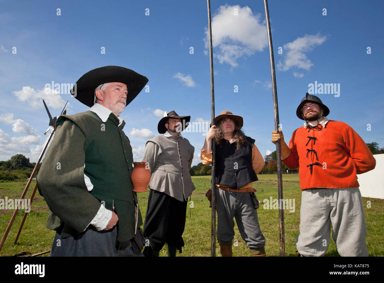 English Civil War musketeer and pikemen re-enactors (from left), Sean ...