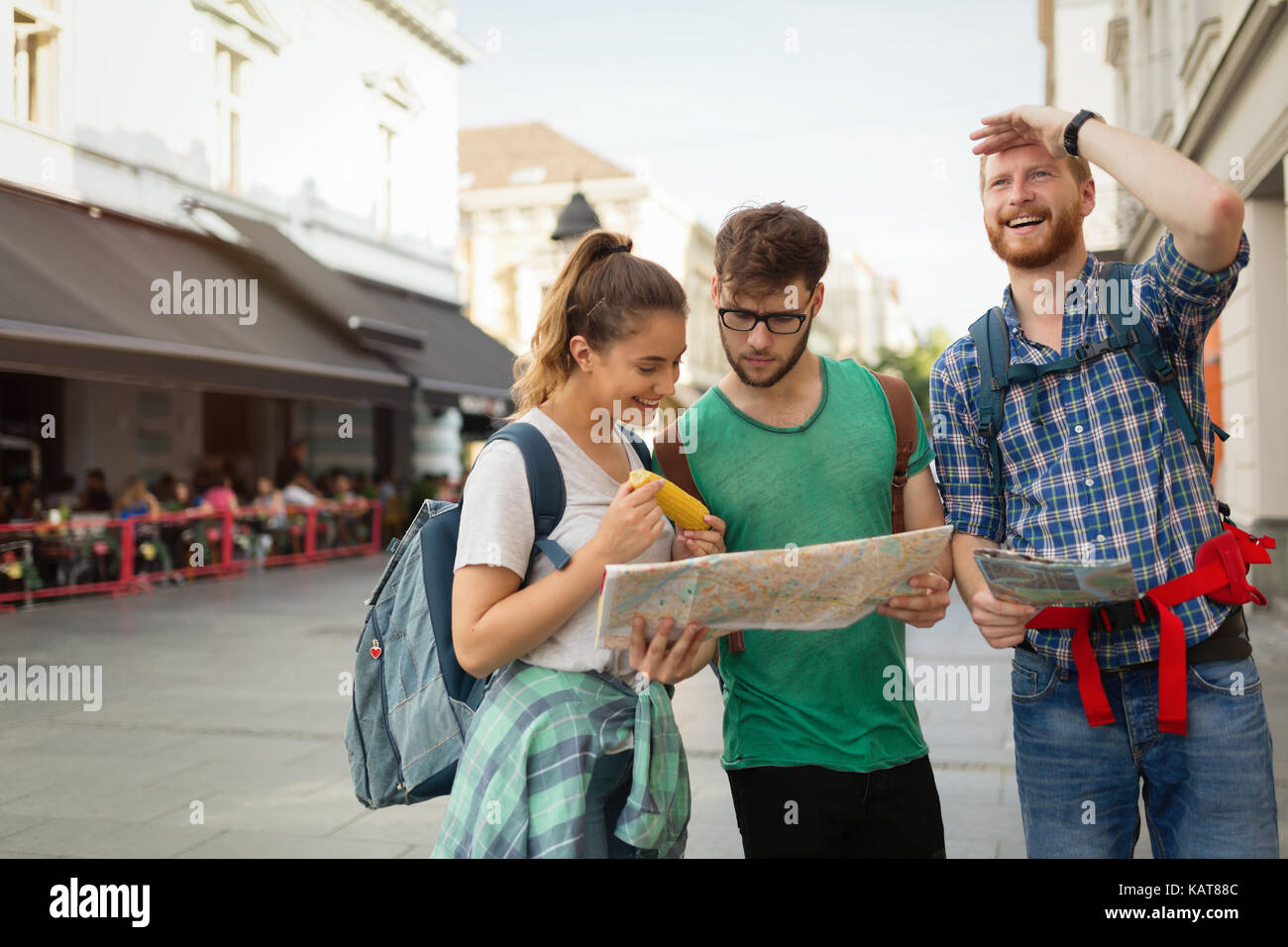 Happy group of students on adventure Stock Photo - Alamy