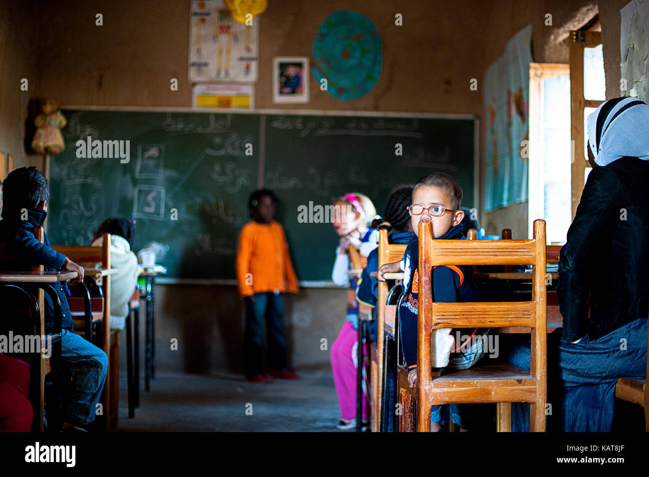 Inside the school with pupils and teacher in Khamila village, Morocco ...