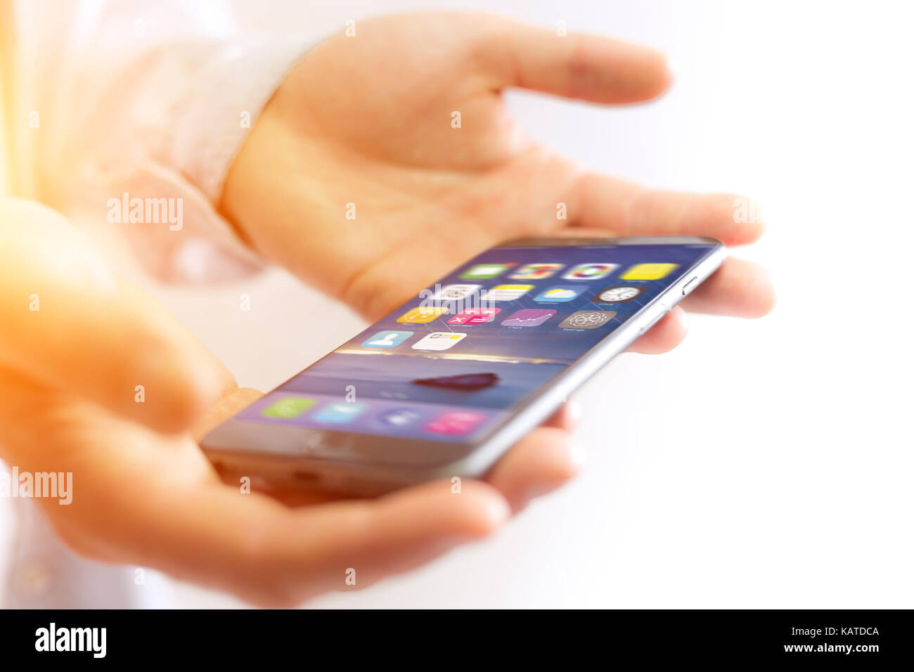 View of a Hand holding black smartphone with operating system screen ...
