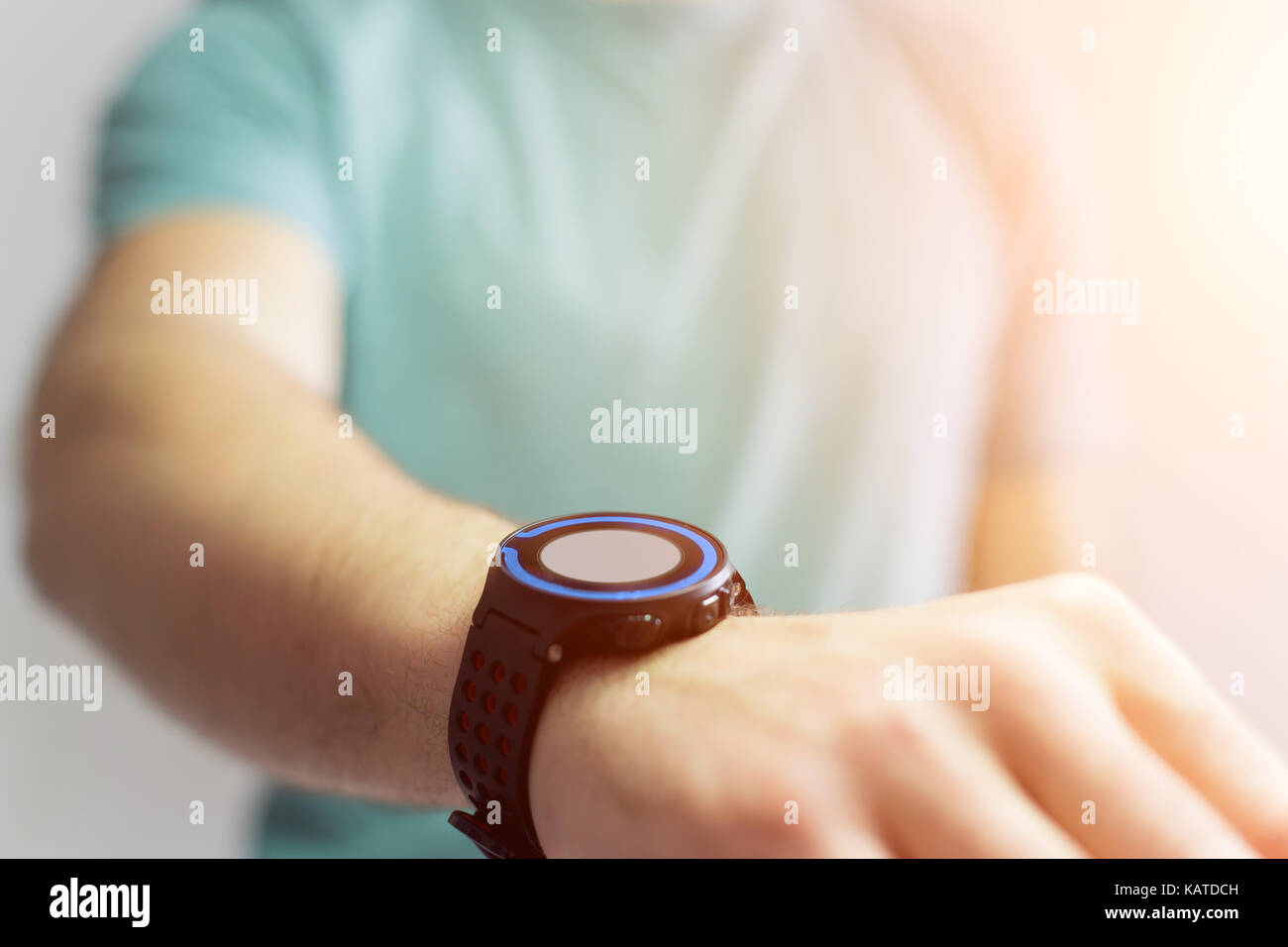 View of a Hand holding black smartwatch with technology screen Stock ...