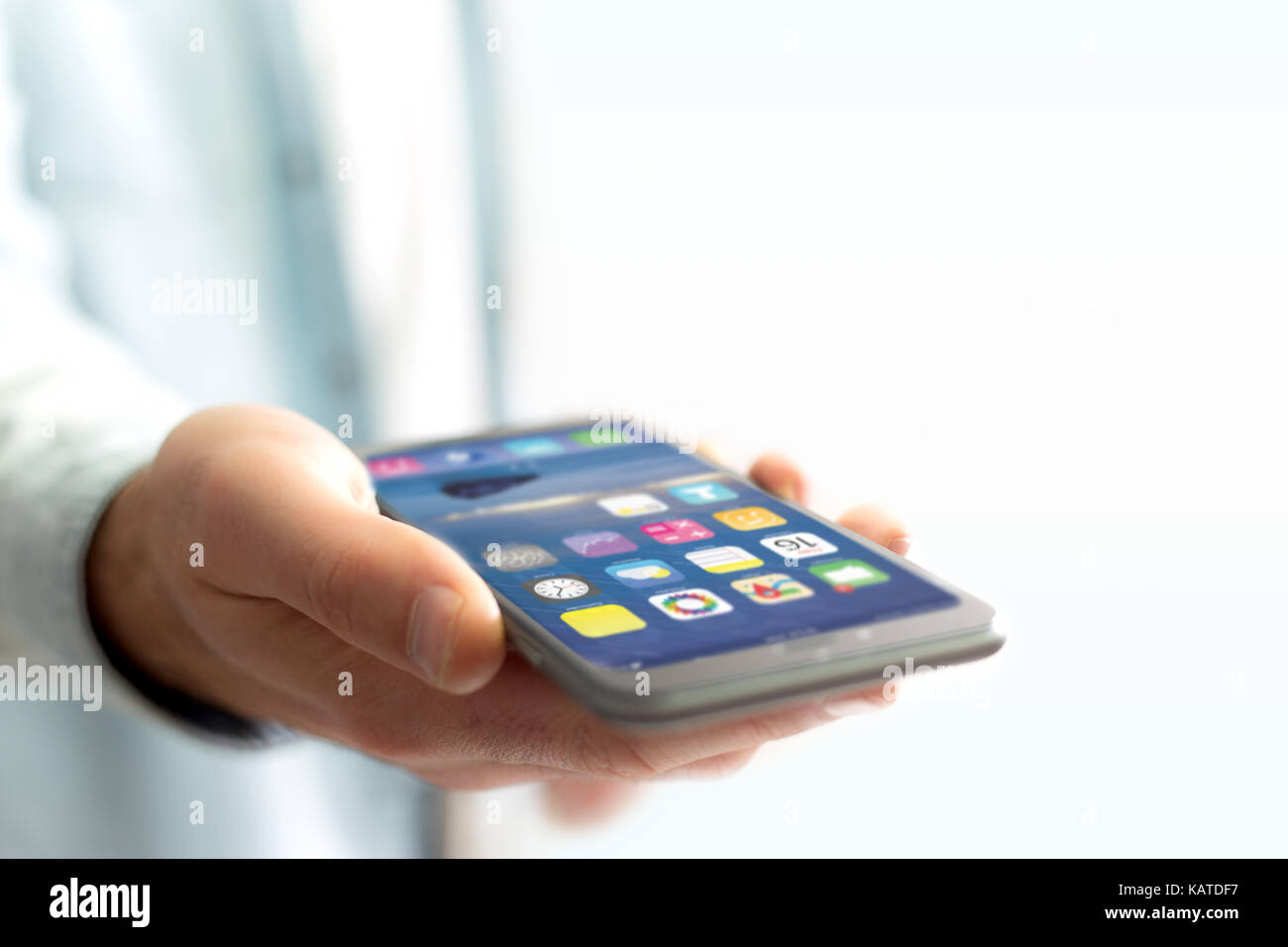 View of a Hand holding black smartphone with operating system screen ...