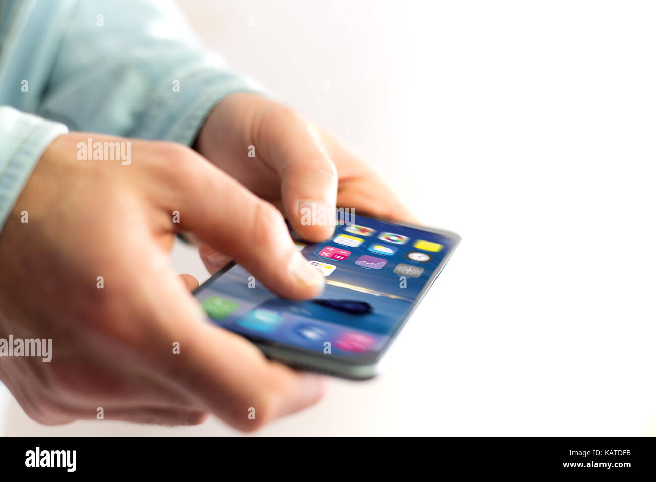 View of a Hand holding black smartphone with operating system screen ...
