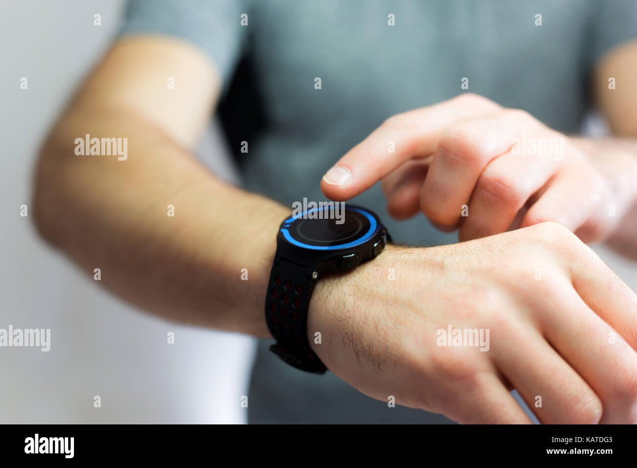 View of a Hand holding black smartwatch with technology screen Stock ...