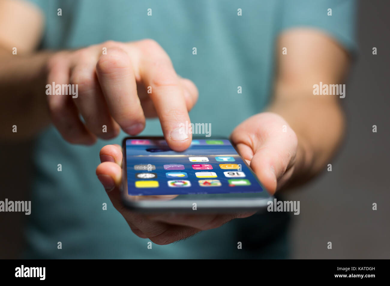 View of a Hand holding black smartphone with operating system screen ...