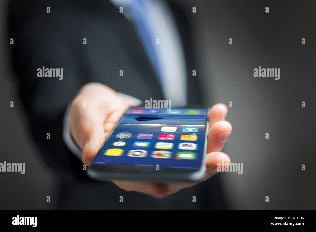 View of a Hand holding black smartphone with operating system screen ...