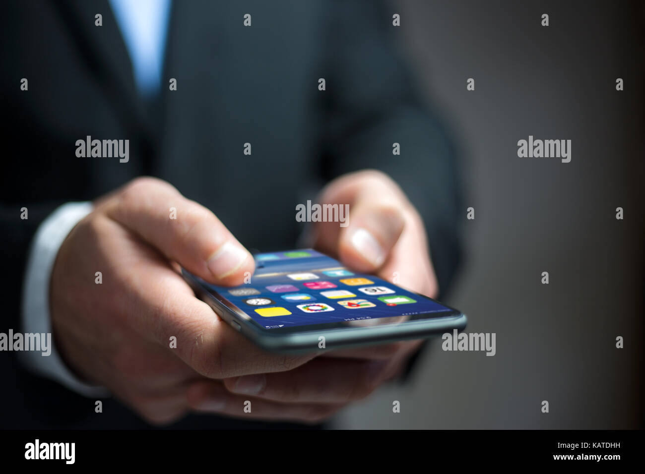 View of a Hand holding black smartphone with operating system screen ...