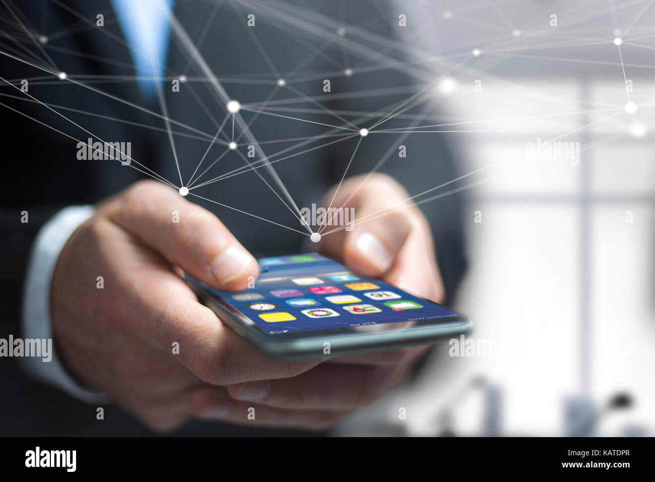 View of a Hand of a businessman holding smartphone with operating ...