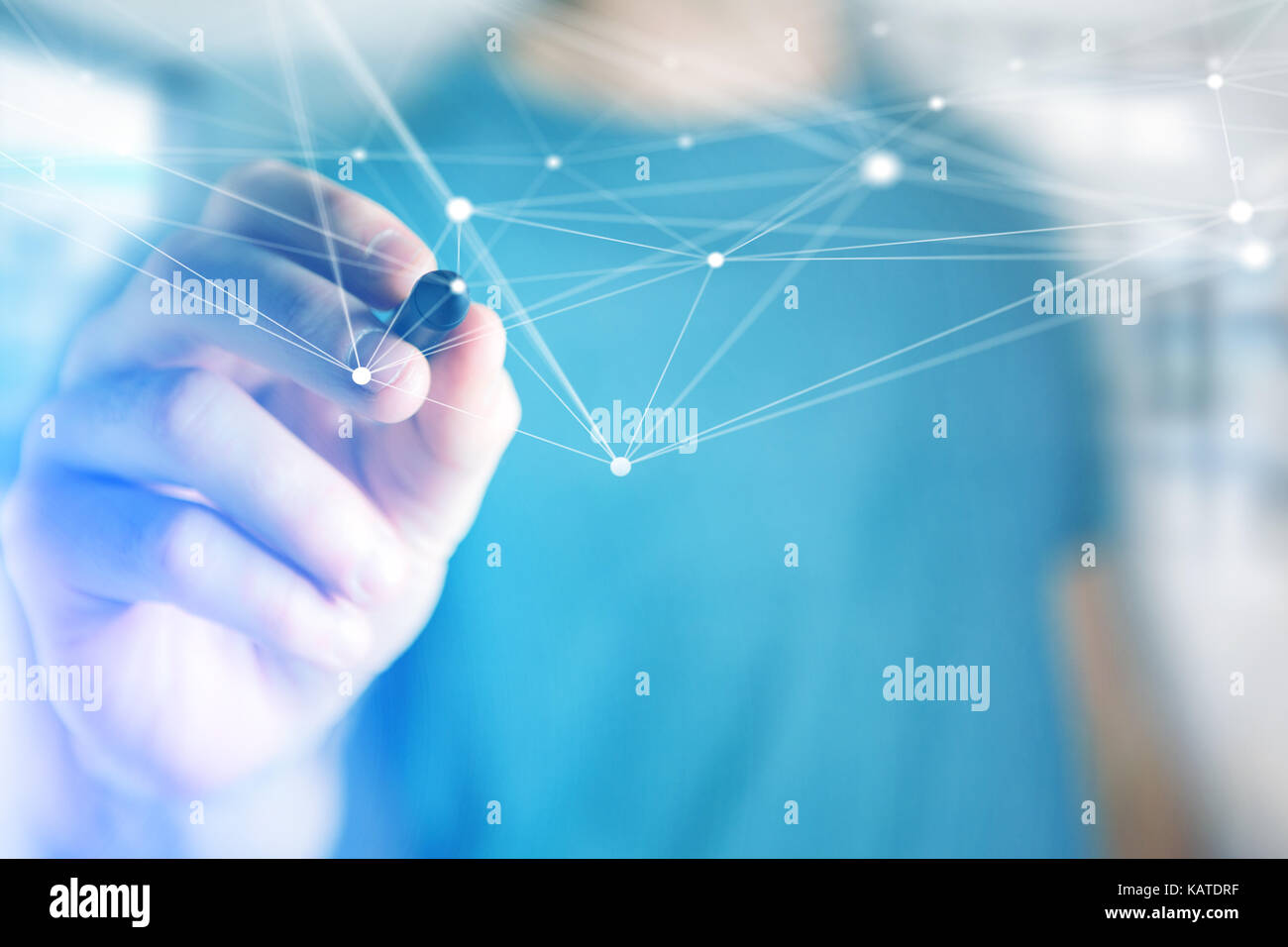 View of a Hand drawing on an operating system screen and network ...