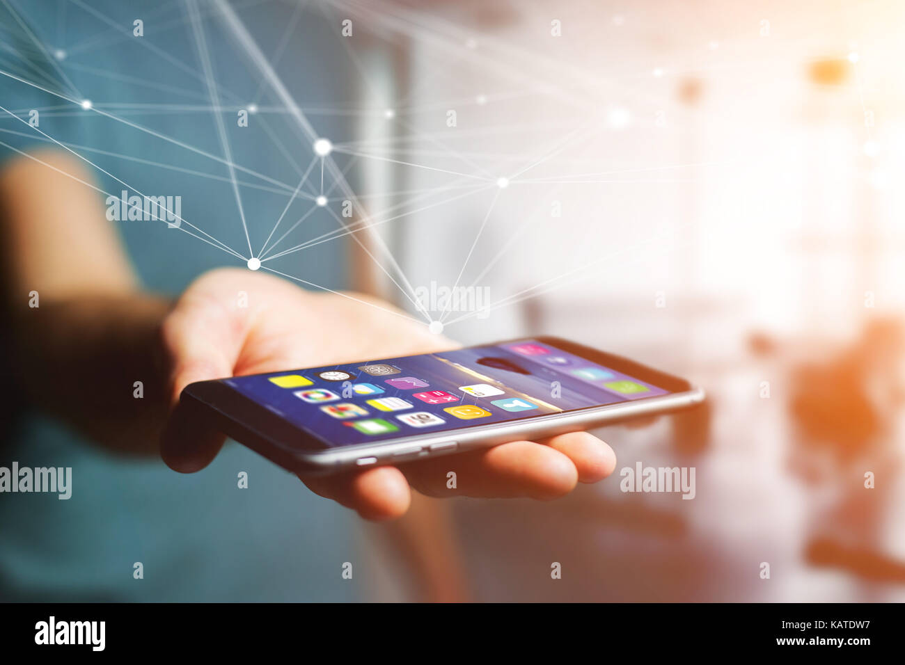 View of a Hand holding smartphone with operating system screen and ...