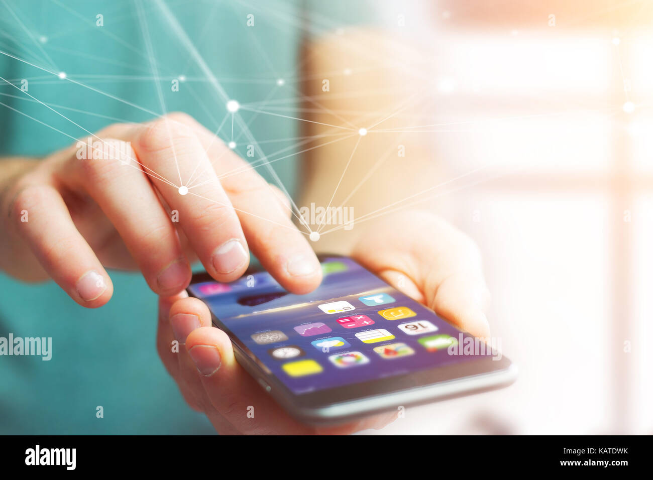 View of a Hand holding smartphone with operating system screen and ...
