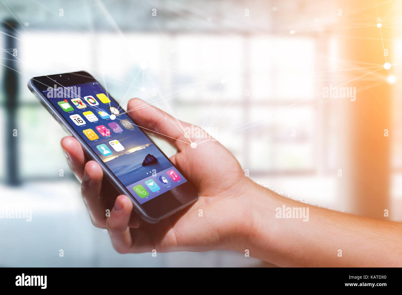 View of a Hand holding smartphone with operating system screen and ...