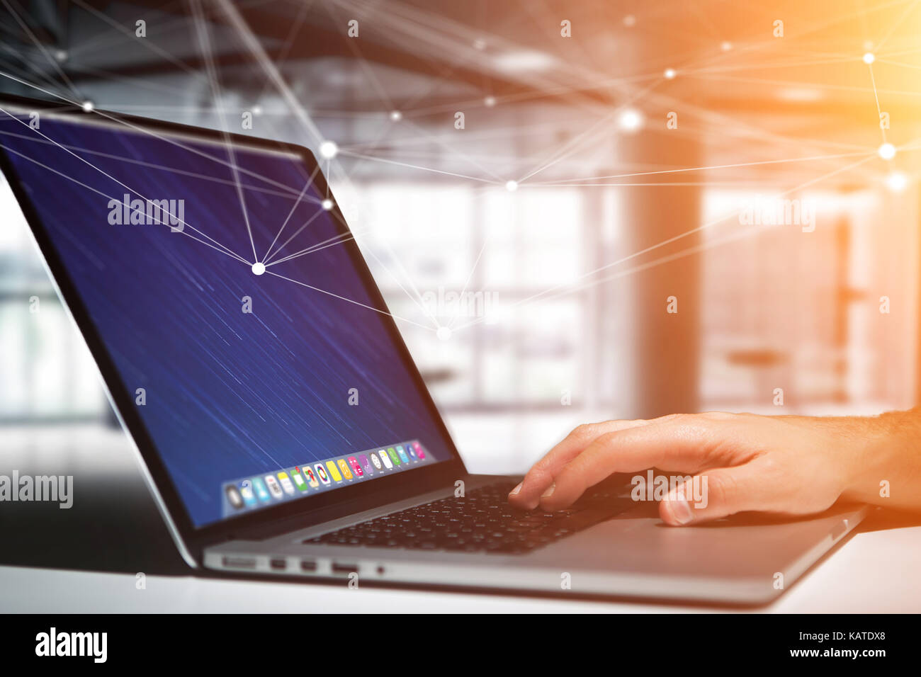View of a Laptop with operating system screen and network connection ...