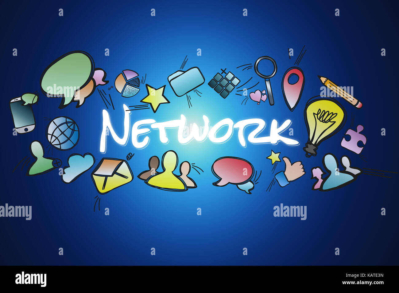 View of a Network title isolated on a background and surounded by multimedia icons - Internet ...