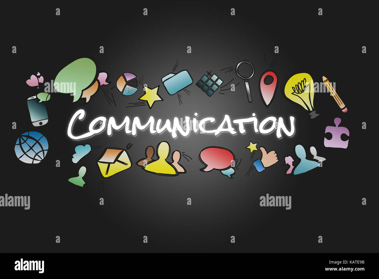 View of Communication title isolated on a background and surounded by ...