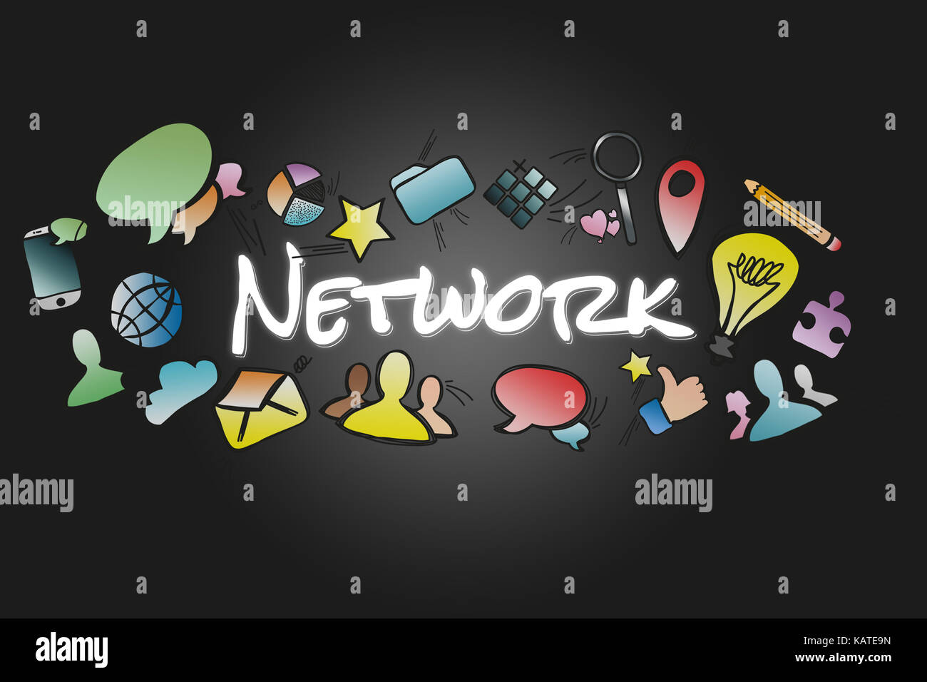 View of a Network title isolated on a background and surounded by ...