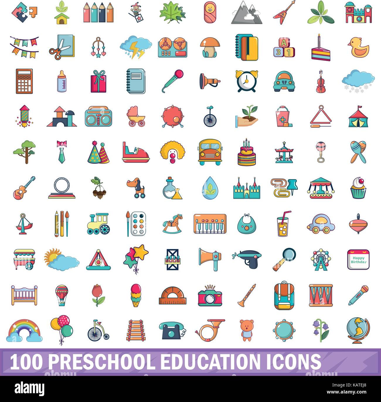 100 preschool education icons set, cartoon style Stock Vector Image ...