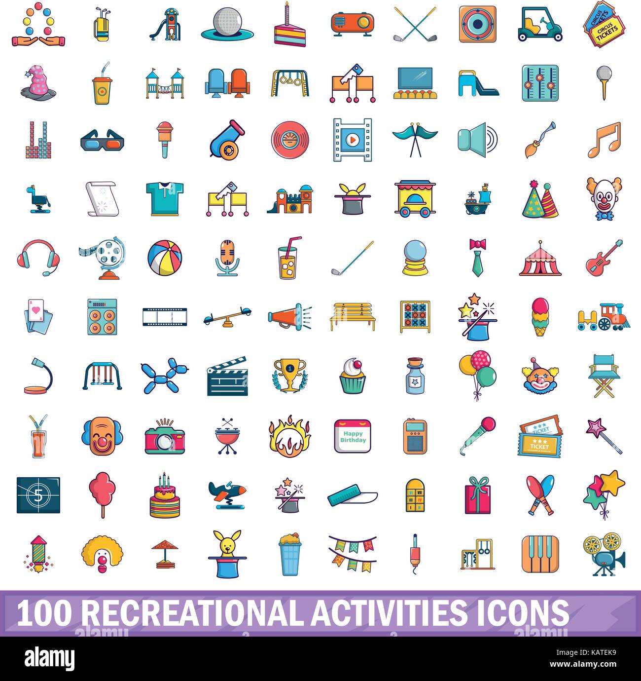 100 recreational activities icons set, cartoon style Stock Vector Image ...