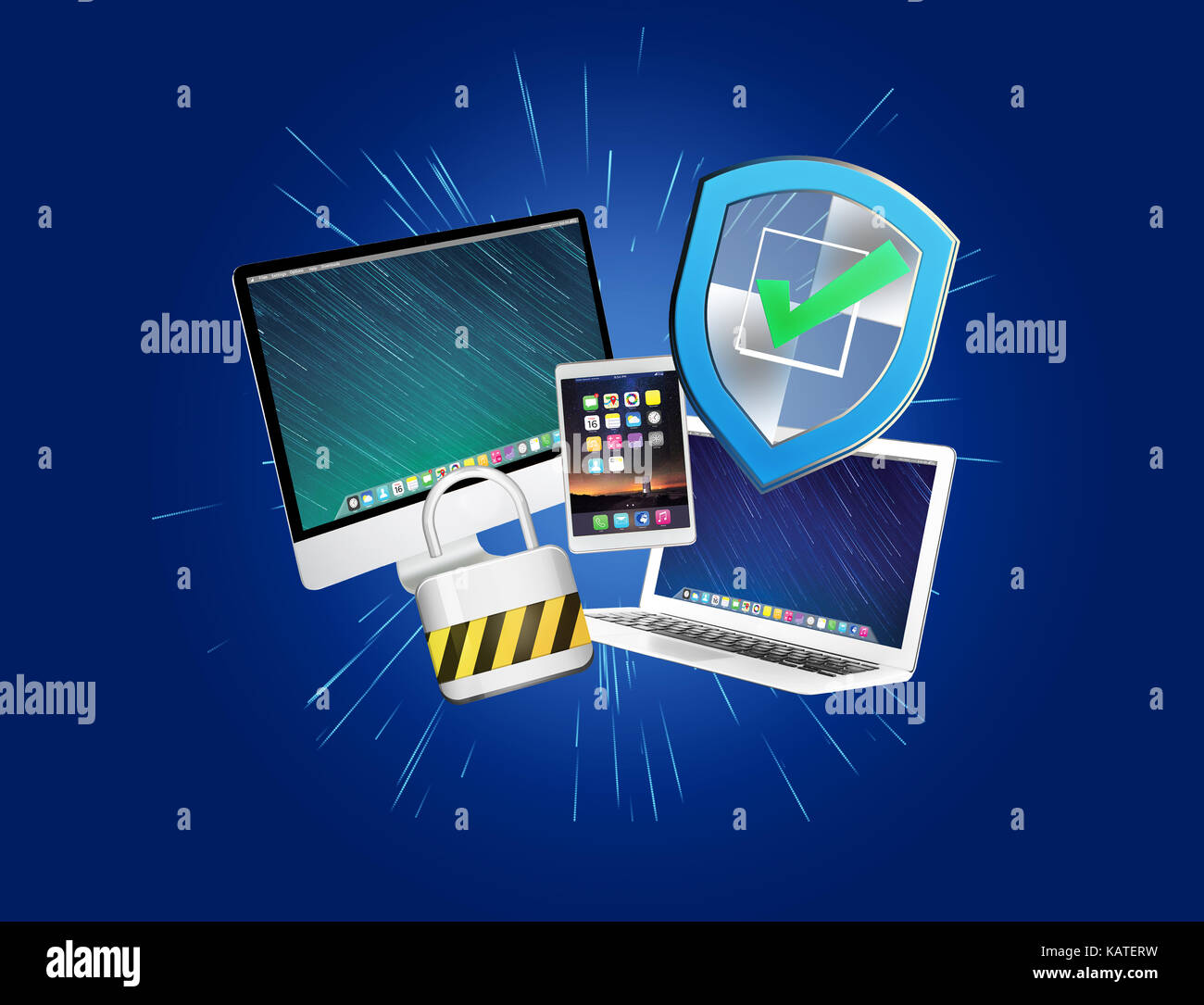 View of a Shield symbol surrounded by padlock and devices displayed on ...