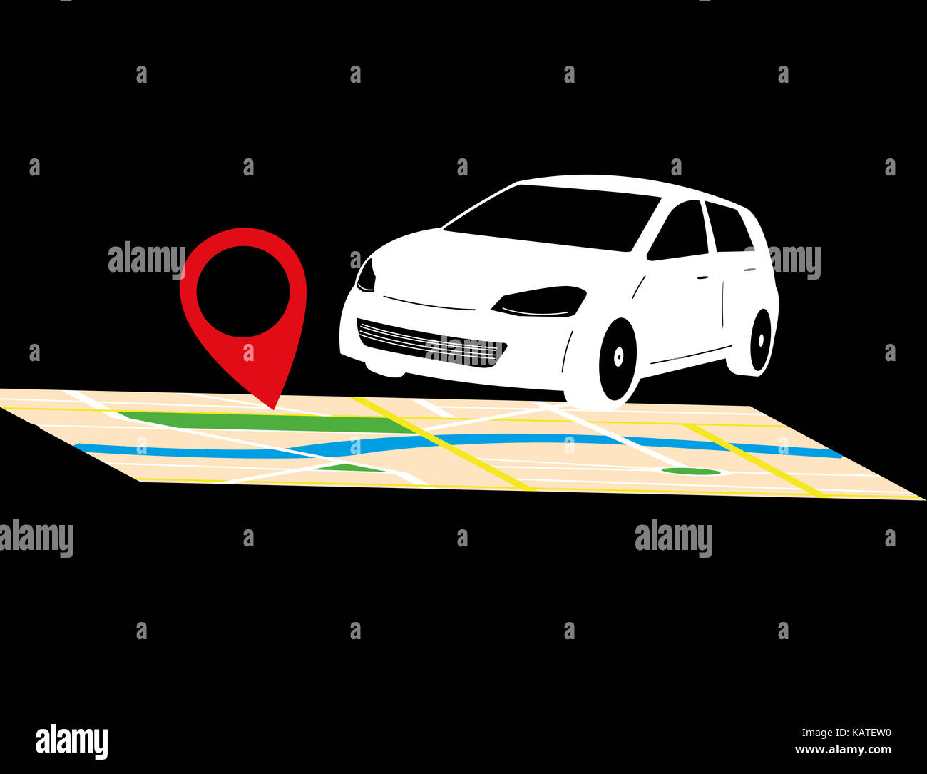 View of a Car on a map with a pin holder - GPS and localization concept ...