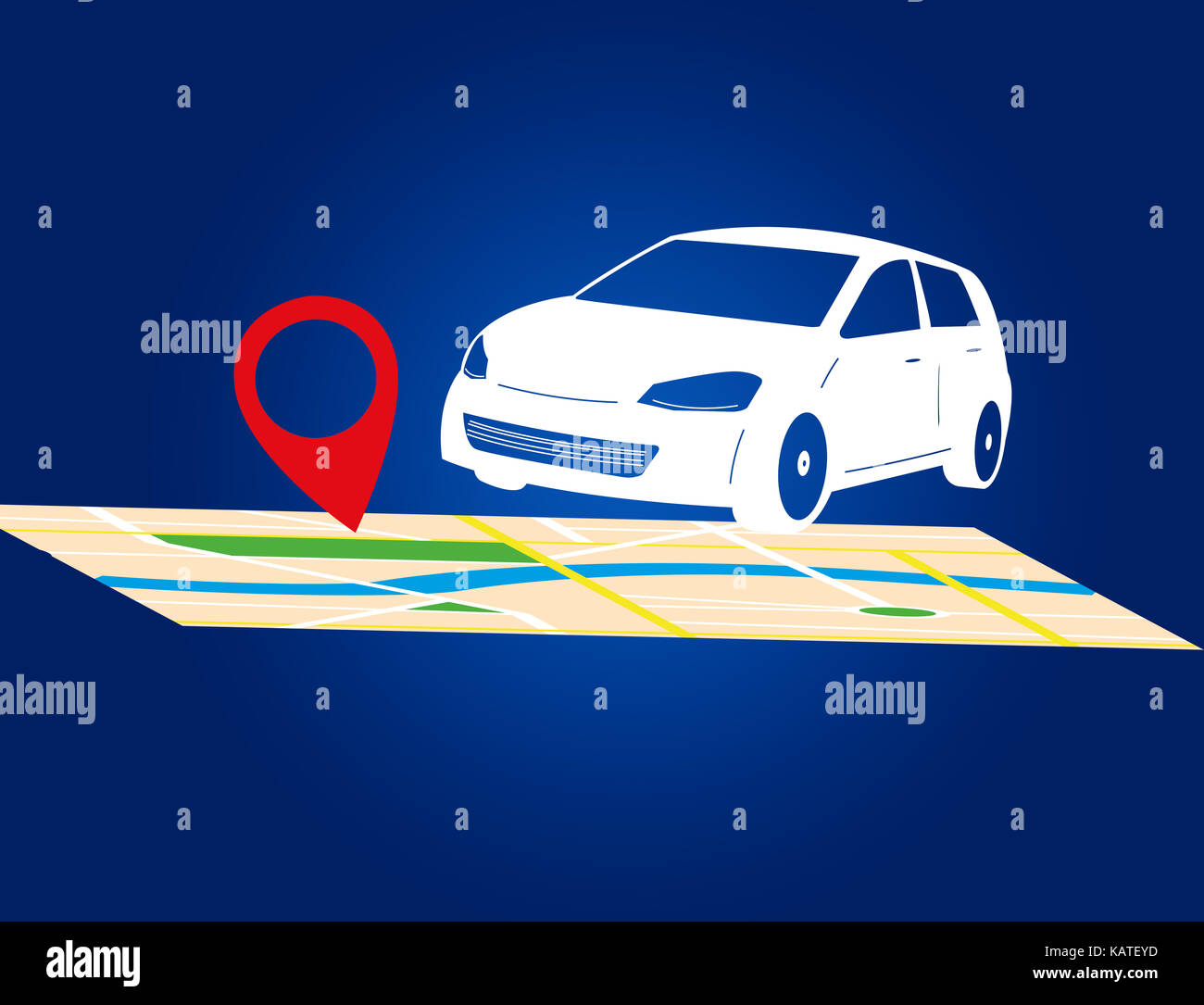 View of a Car on a map with a pin holder - GPS and localization concept ...