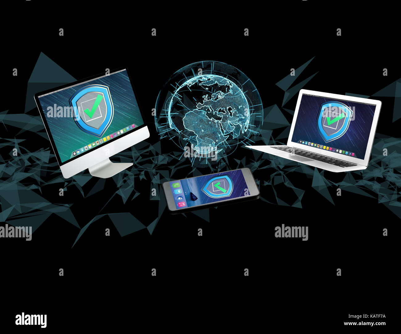 View of a Security shield symbol over a network connection of different ...