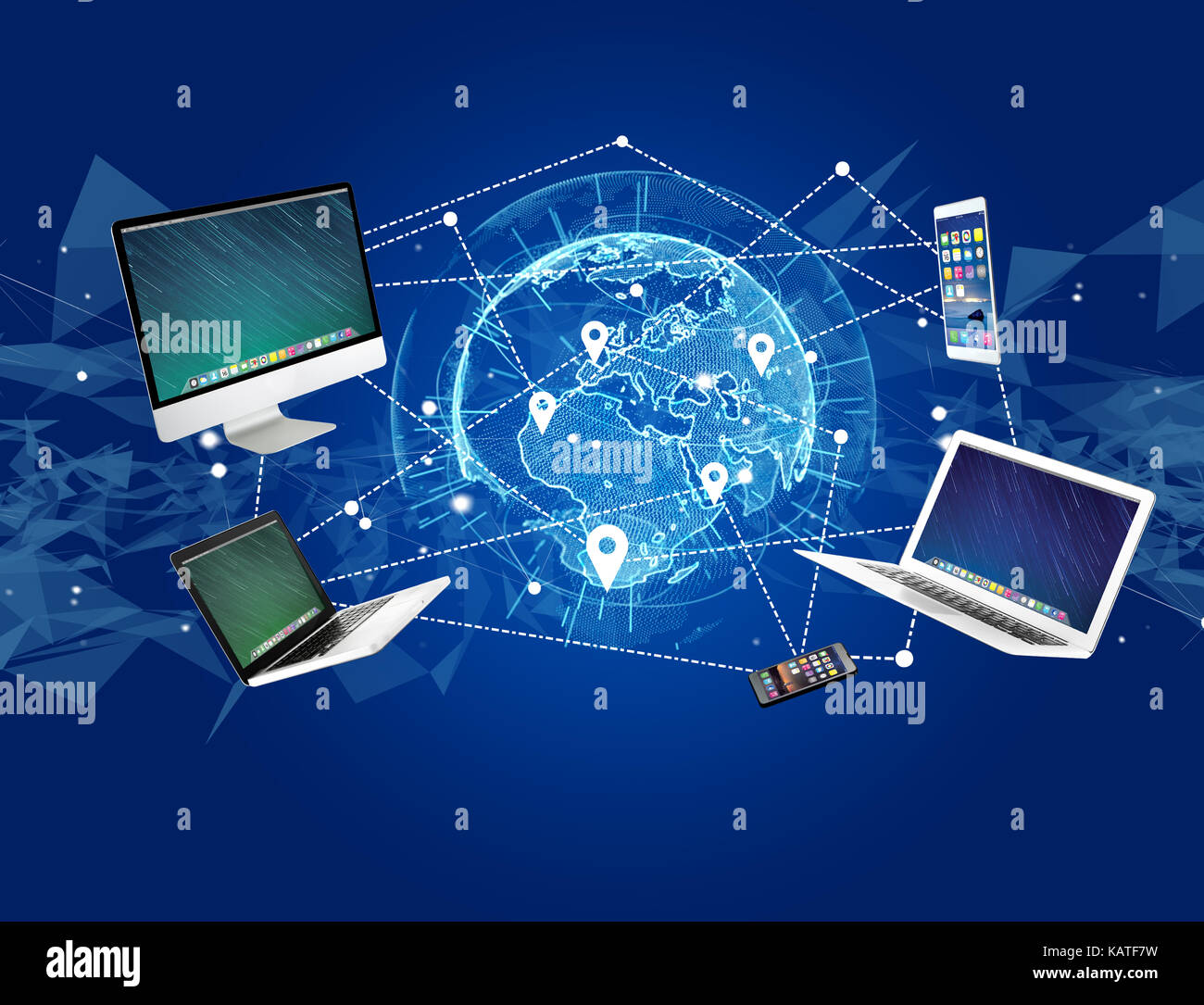 View of a Computer and devices displayed on a futuristic interface with ...