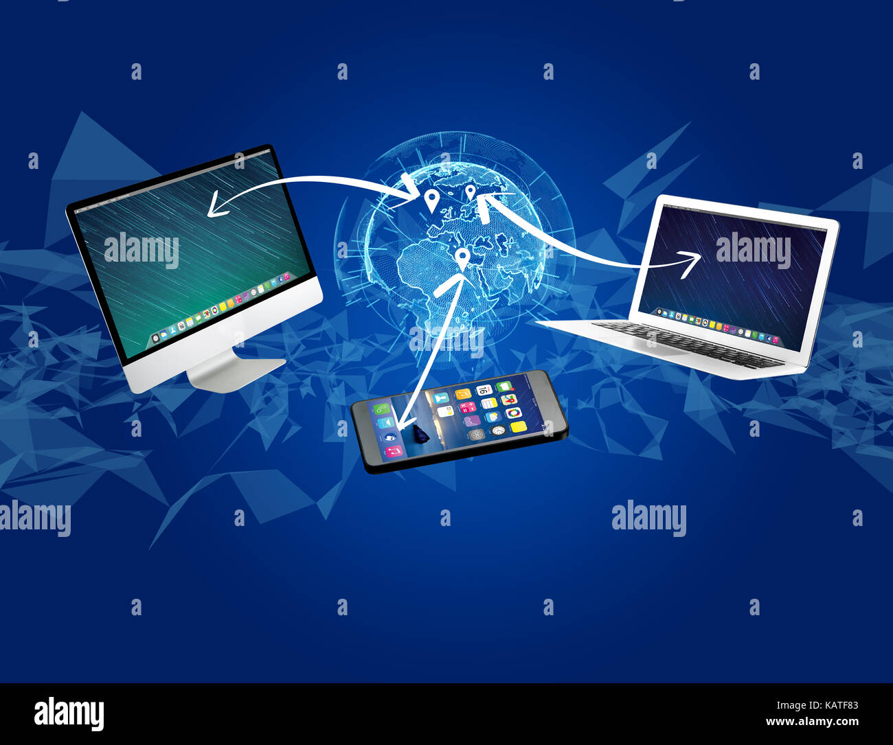 View of a Computer and devices displayed on a futuristic interface with ...