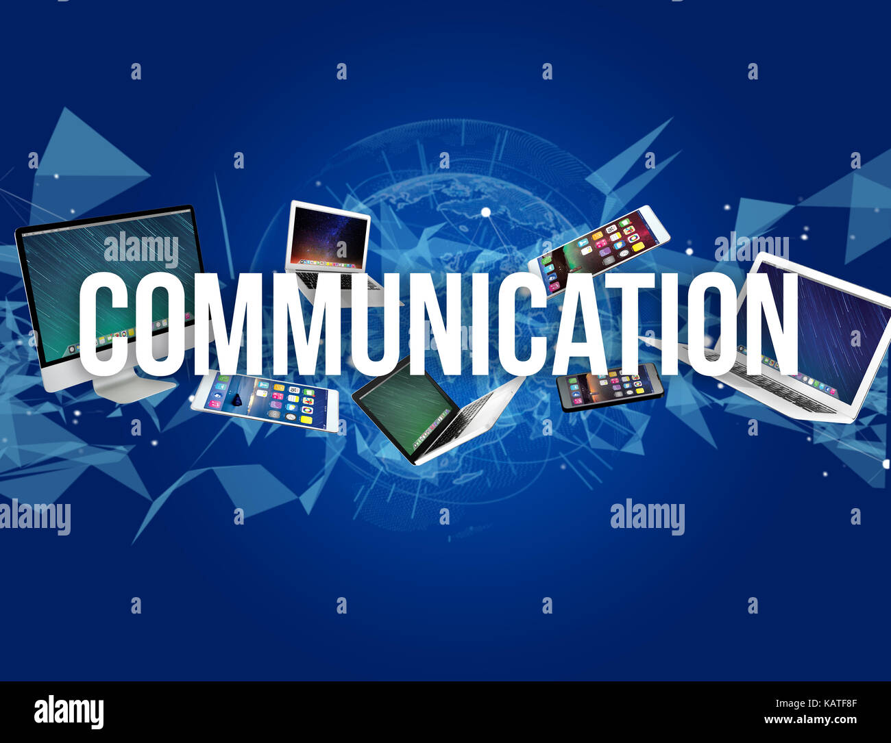 View of a Communication title surounded by device like smartphone ...